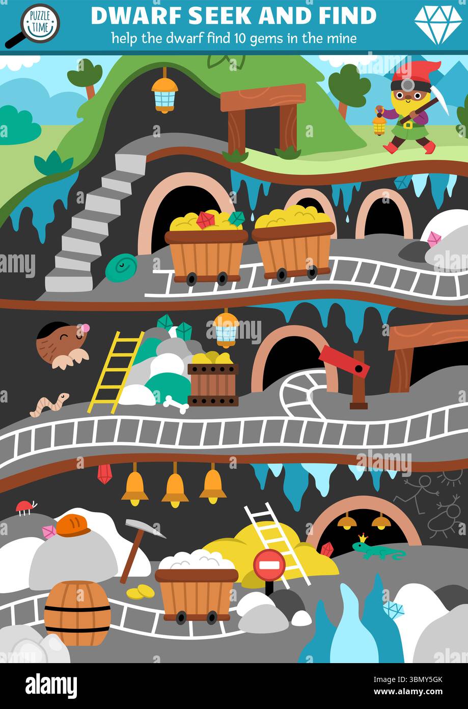 Dwarf vector searching game with underground mine landscape. Spot ...