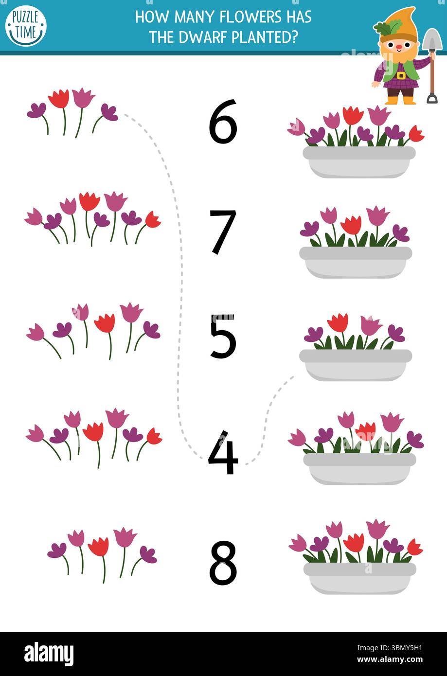 Match the numbers game with garden dwarf. Magic garden math printable ...