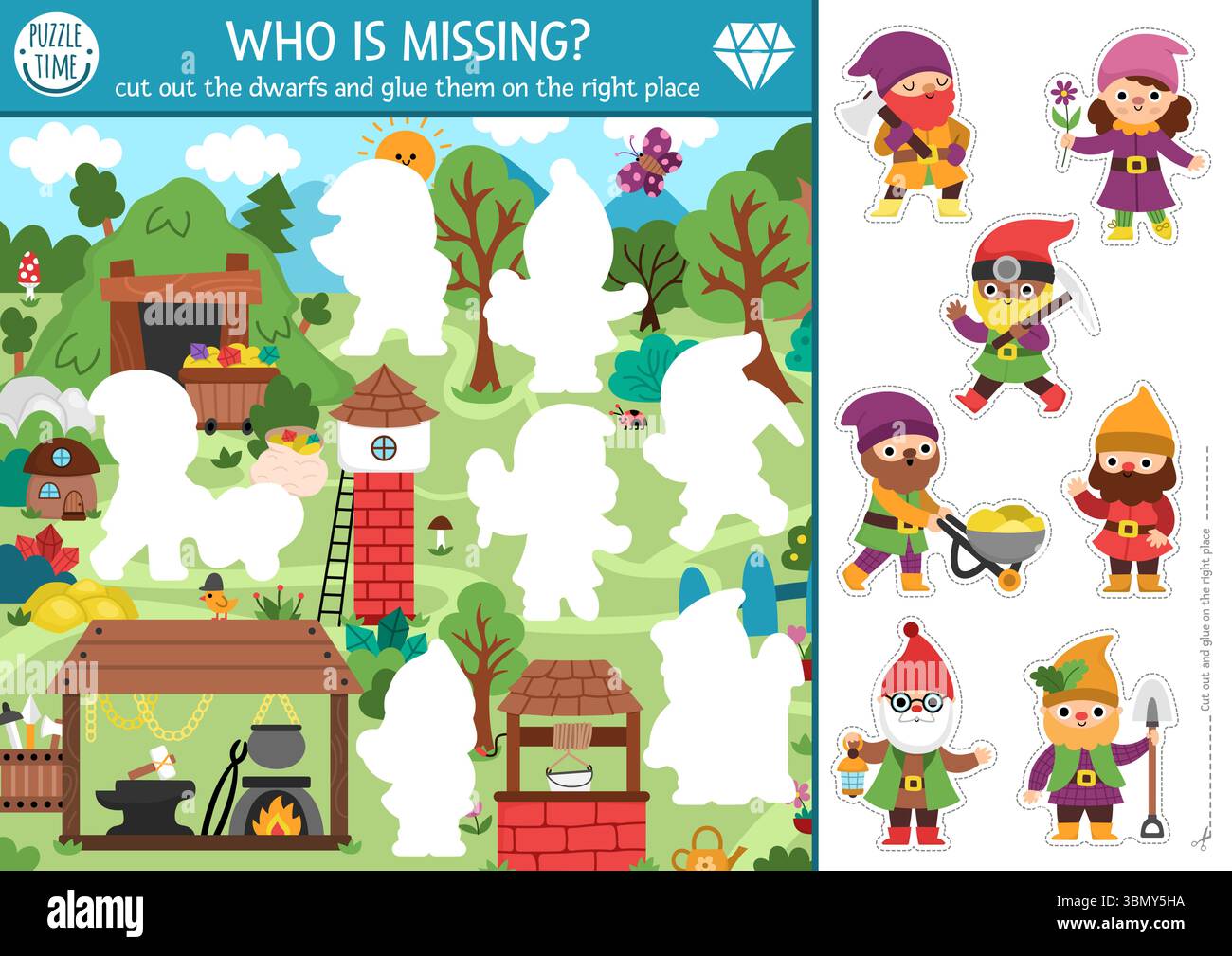 Vector dwarf cut and glue activity. Crafting game with gnome or magic ...