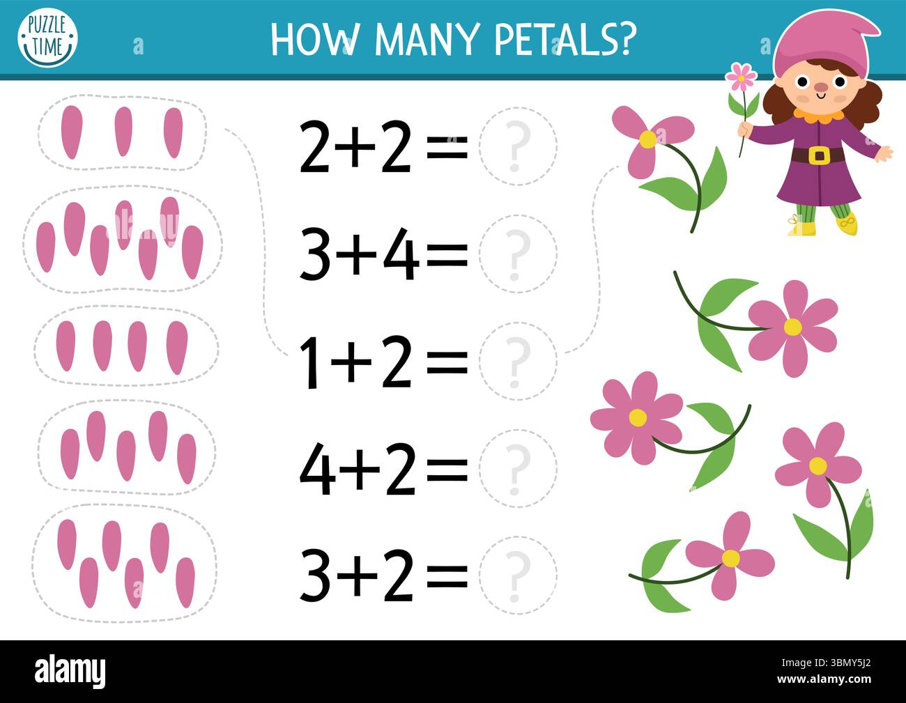 Counting and matching game with cute dwarf girl and petals. Garden ...