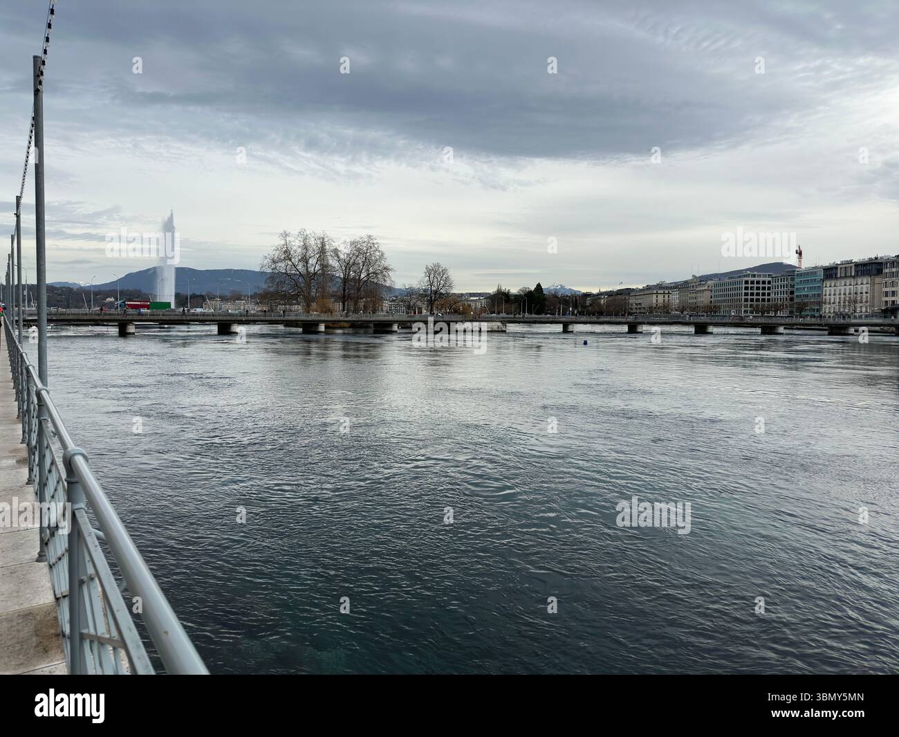 Geneva, Switzerland - Jan 12, 2023.The iconic Jet d'Eau fountain soars ...