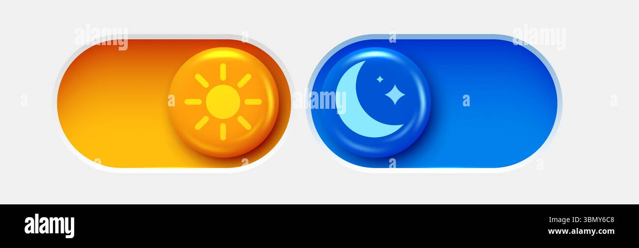 On and Off toggle switch buttons. Dark mode and light mode. Material design switch set. Day and ...