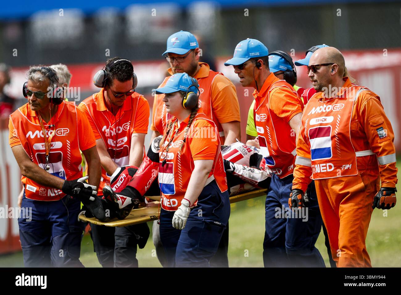 ASSEN - Luca Lunetta (ITA) on his Honda on a stretcher during the Moto3 ...
