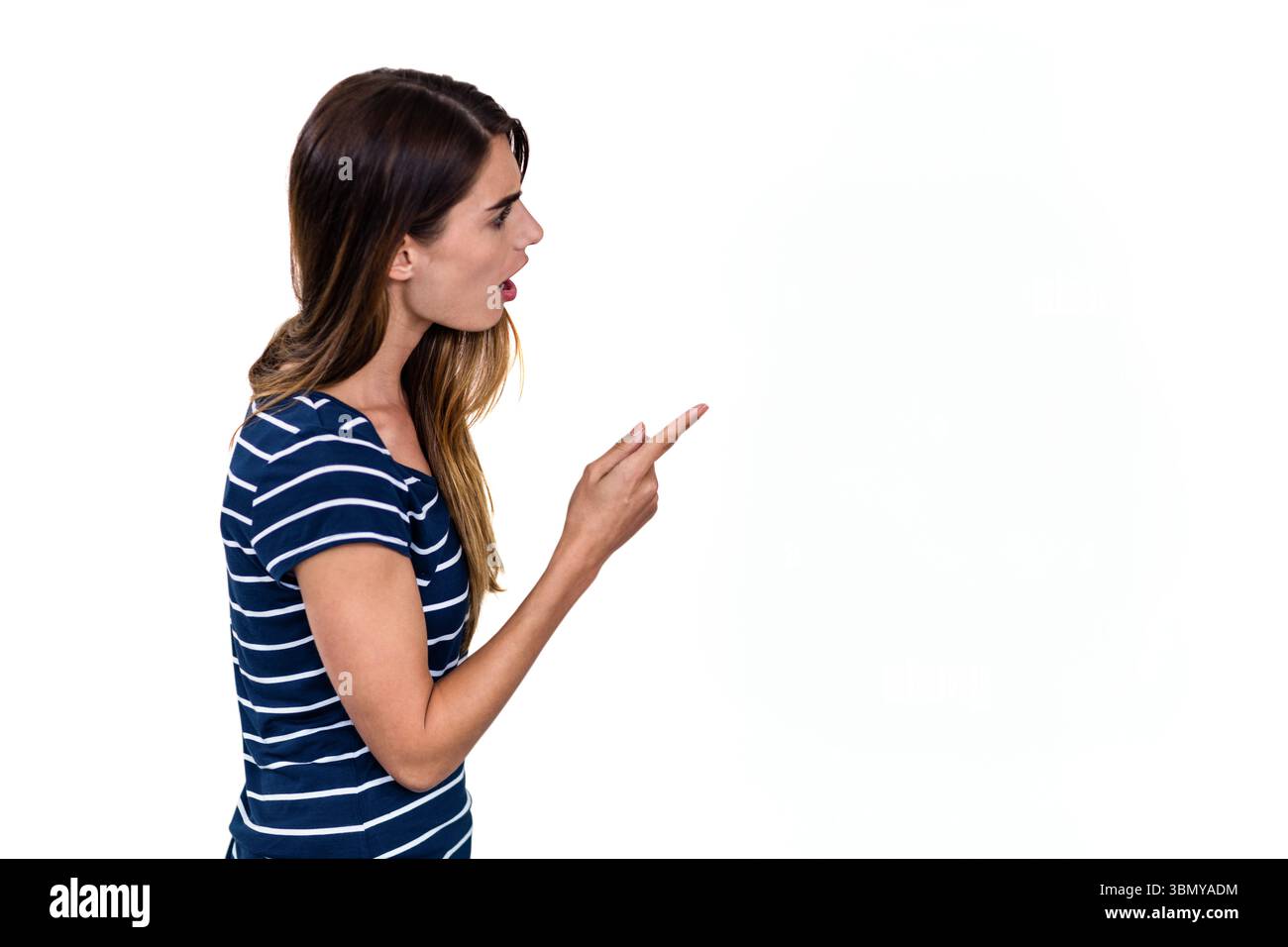 Light-skinned woman standing in profile pointing right on white ...