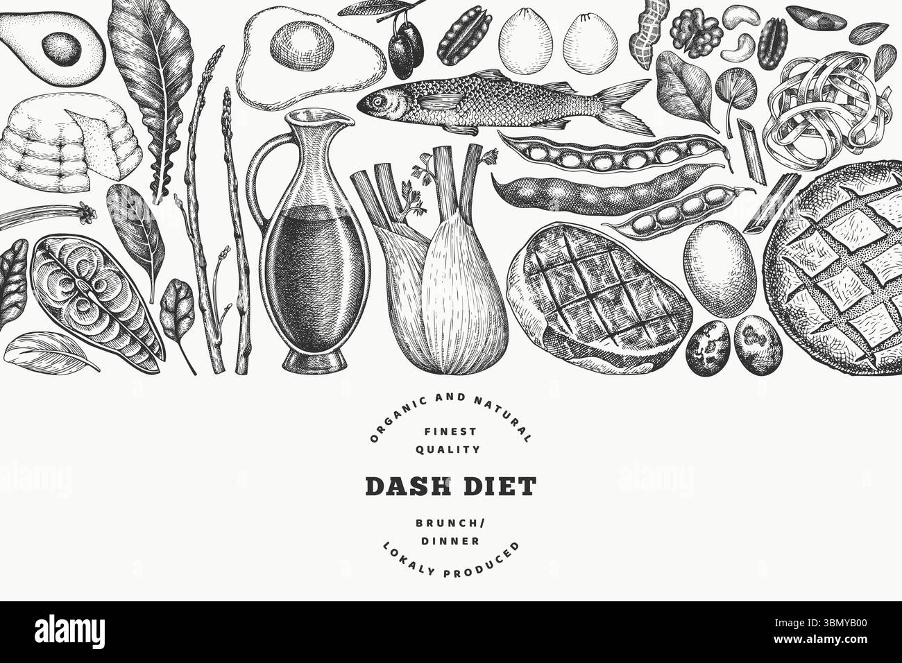 Dash Diet Design Template. Vector Hand Drawn Healthy Food Banner ...