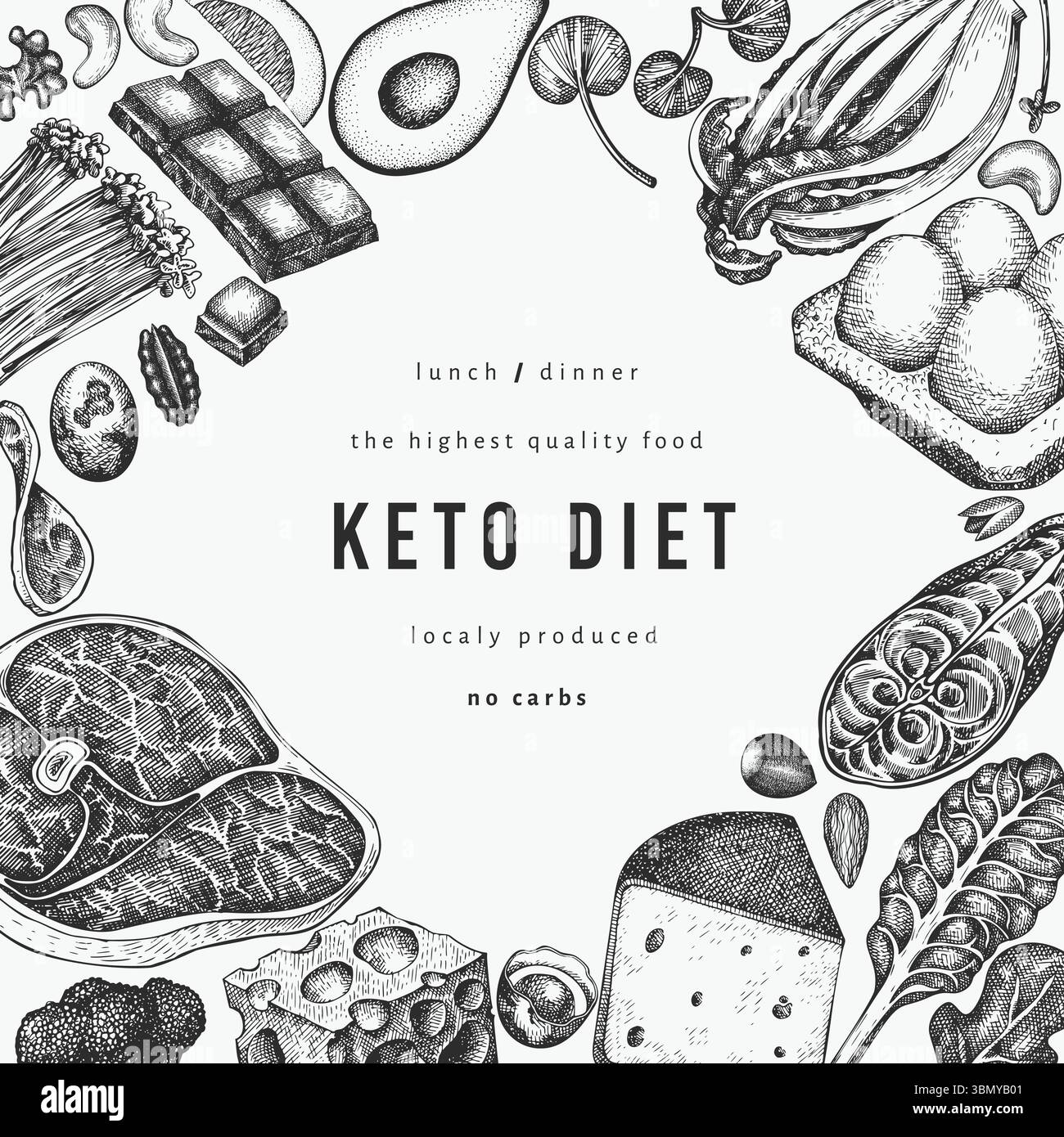 Keto Diet Design Template. Vector Hand Drawn Healthy Food Banner ...