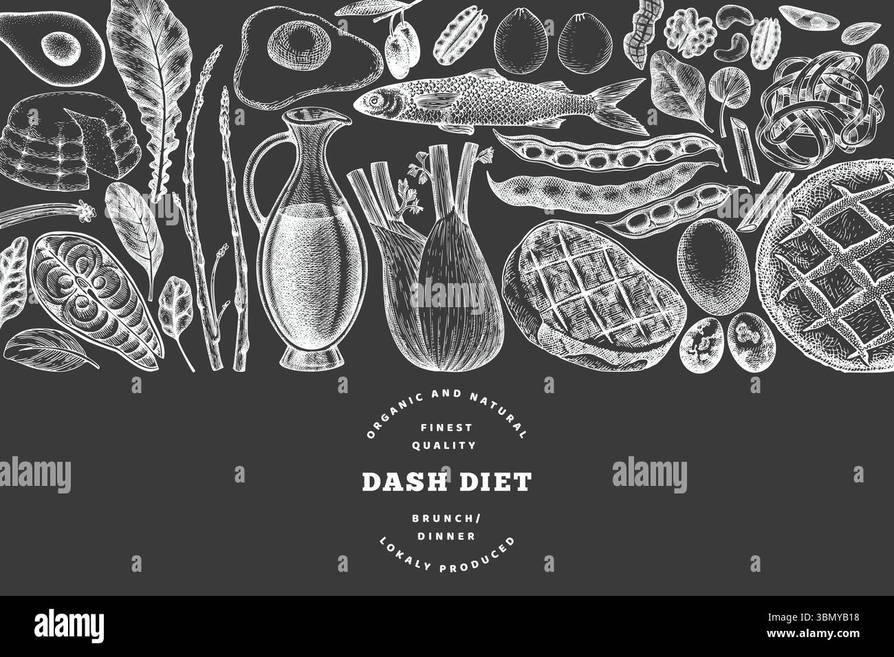 Dash Diet Design Template. Vector Hand Drawn Chalk Board Healthy Food ...