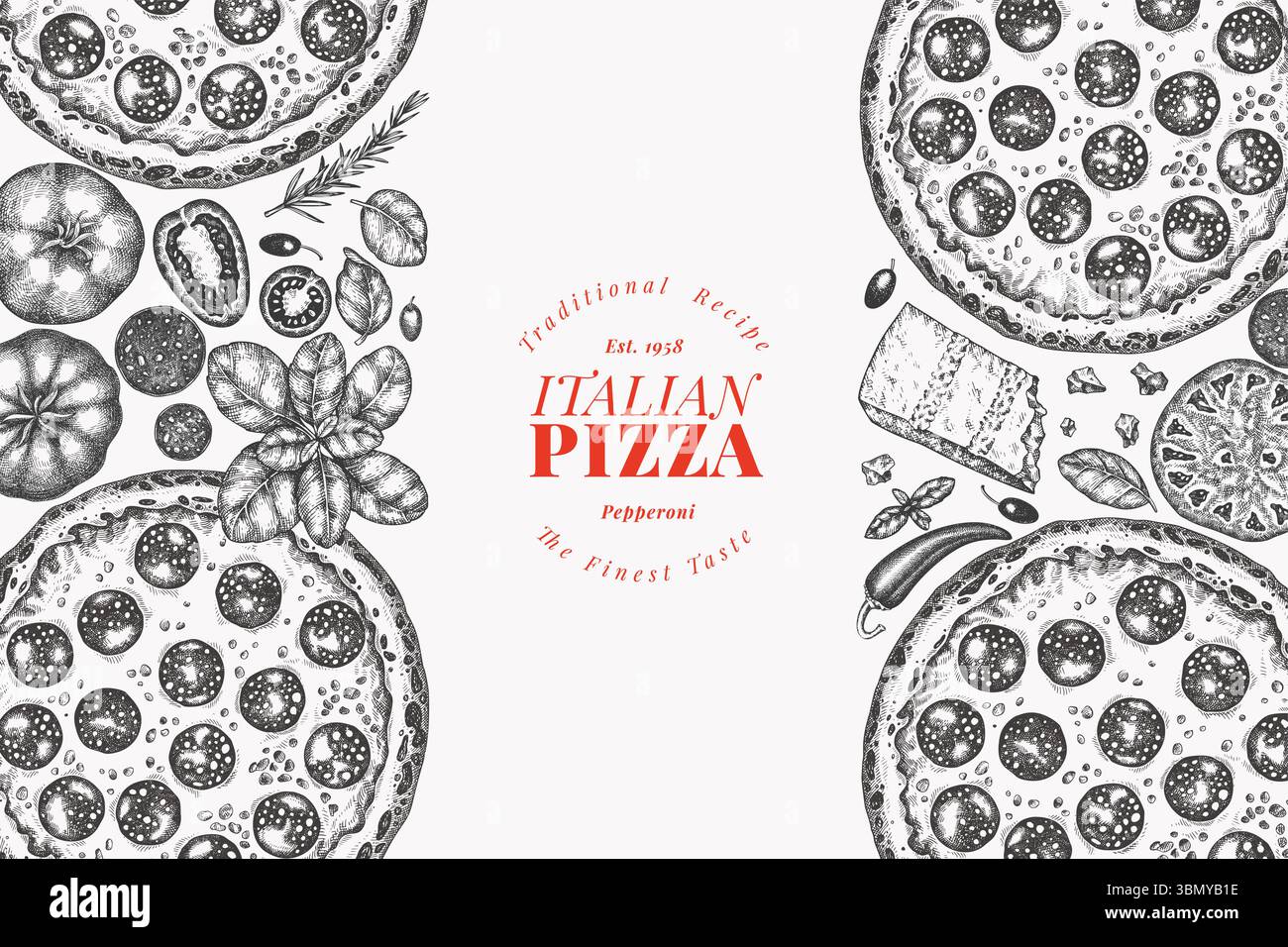 Hand Drawn Vector Pizza Illustration. Retro Pepperoni Pizza Design ...