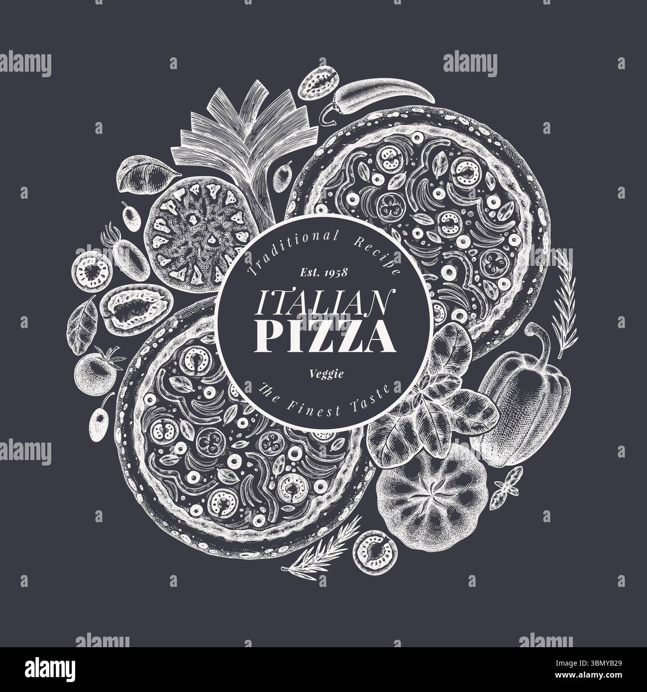 Hand Drawn Vector Pizza Illustration. Retro Vegetarian Pizza Chalk ...