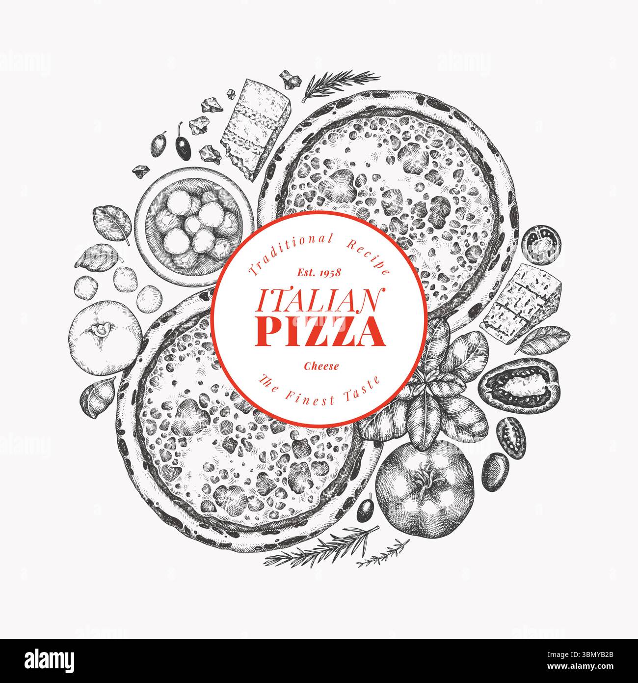 Hand Drawn Vector Pizza Illustration. Retro Cheese Pizza Design ...