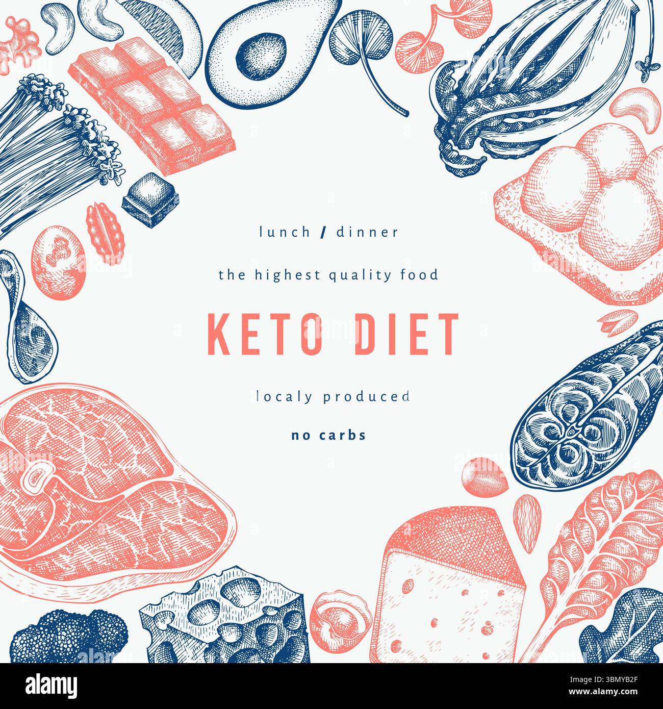 Keto Diet Design Template. Vector Hand Drawn Healthy Food Banner ...