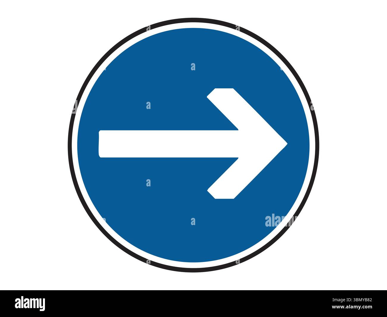 Blue circular traffic sign with white arrow pointing right isolated on ...