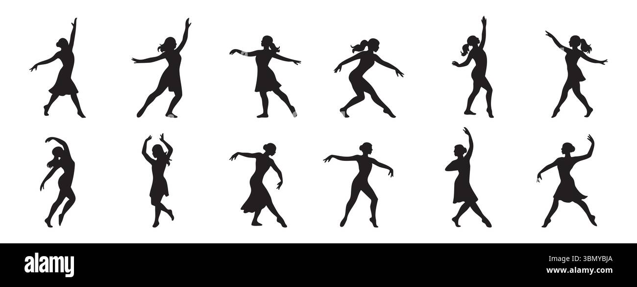 Silhouettes of dancing women in various poses, isolated on white ...