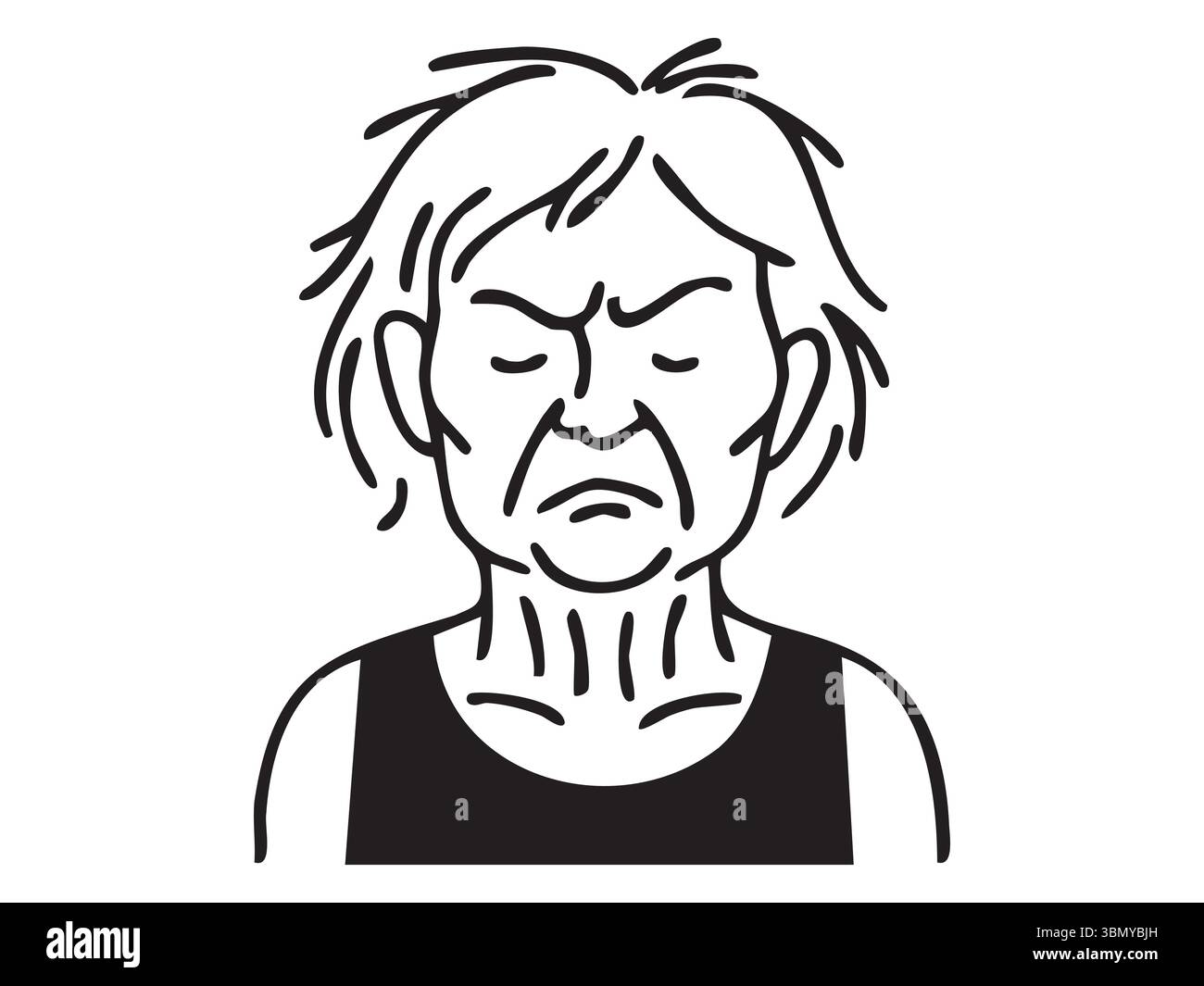 Black and white outline of angry old woman isolated on white background ...