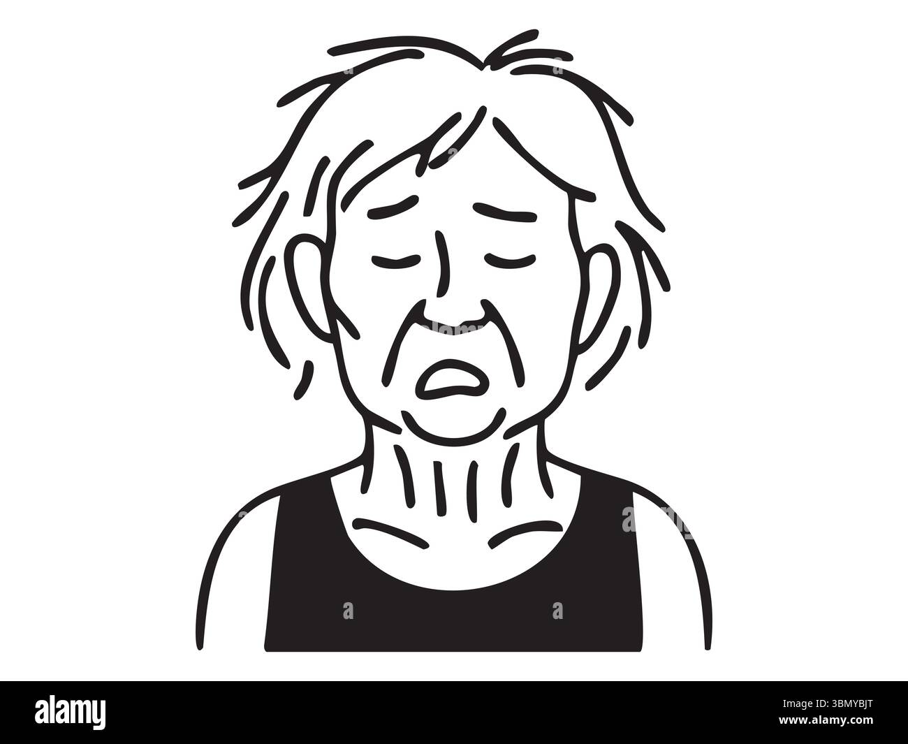 Black and white outline of sad tired old woman with closed eyes ...