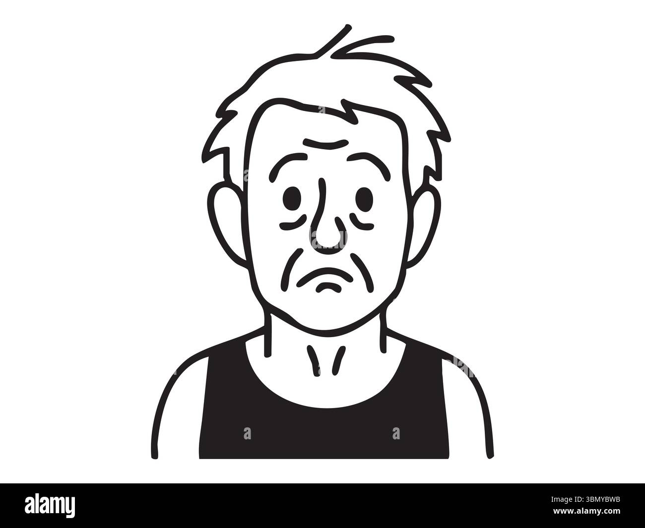 Black outline illustration of elderly man with worried and sad ...