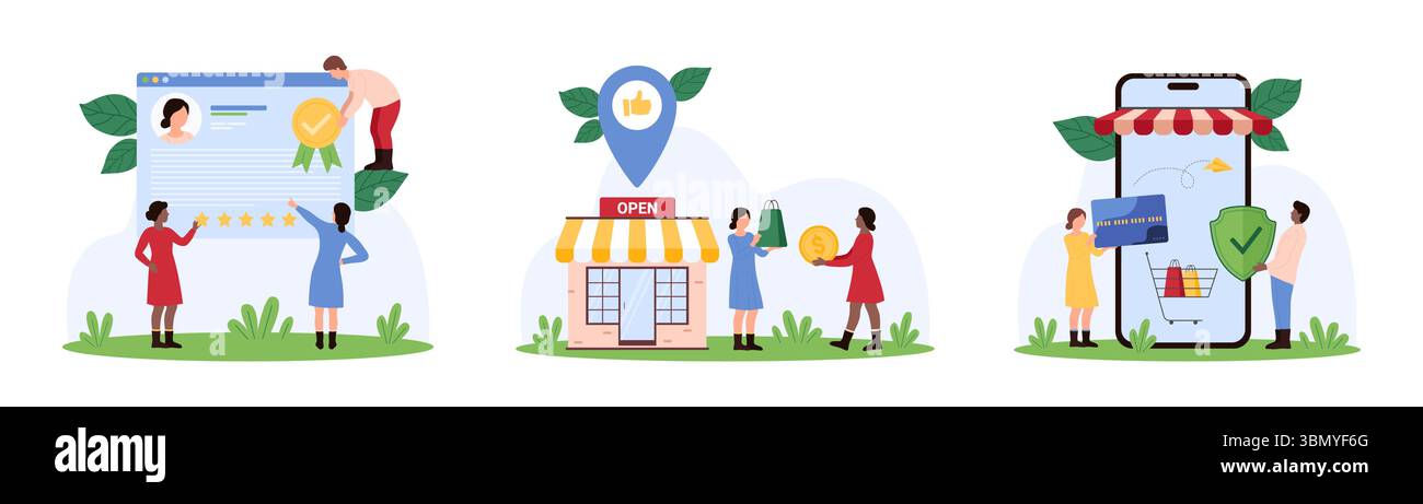 Retail store purchase set. Tiny people with credit card and gold coin ...