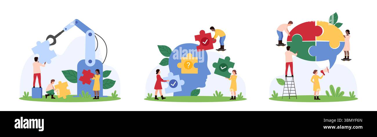 Online communication in project, advice of AI set. Tiny people connect ...