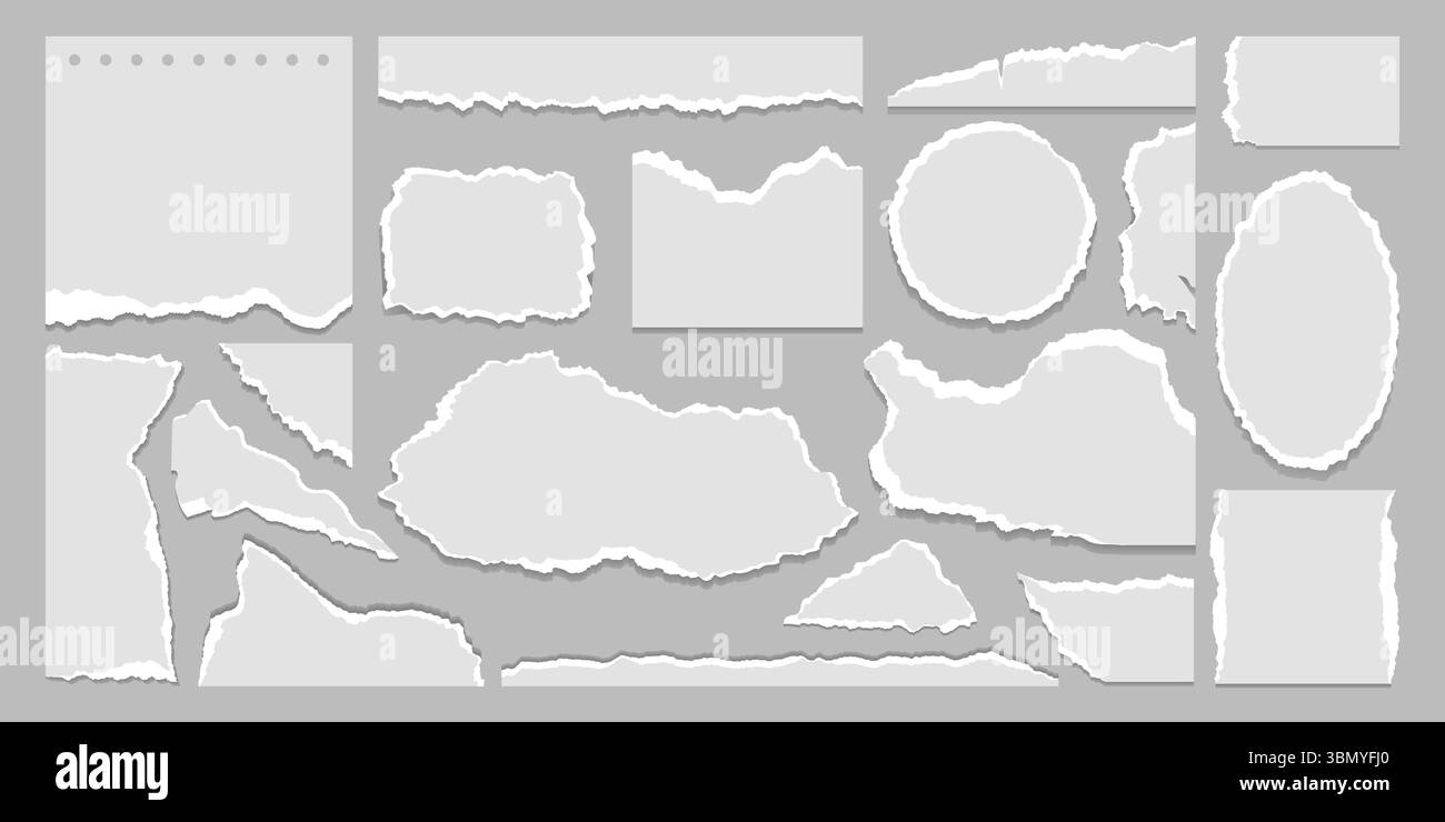 Torn notebook pages variety with shadow, scrap note with damaged border and tear, cardboard ...