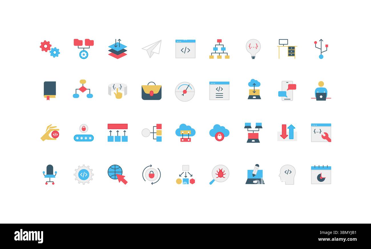 A diverse set of flat design icons representing coding, programming, and technology concepts ...
