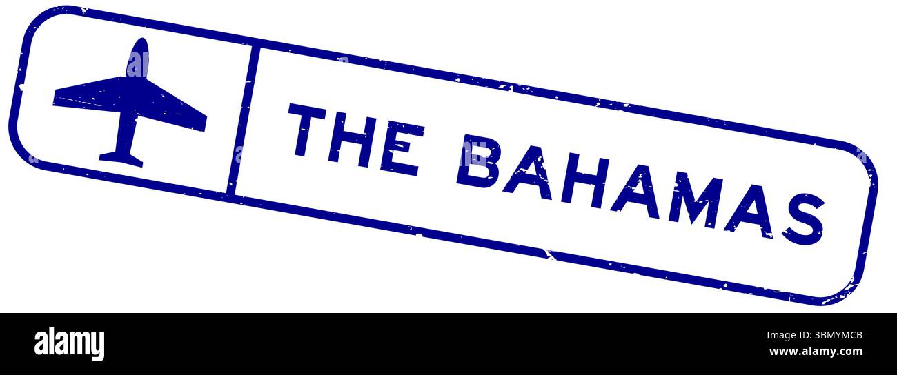 Grunge blue the bahamas word with plane icon square rubber seal stamp ...