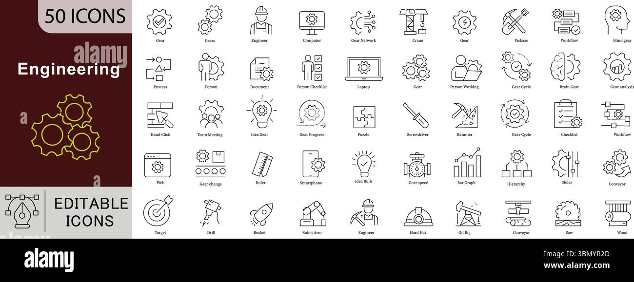 Engineering Line Icons Set - 50 Editable Vector Symbols for Technical ...