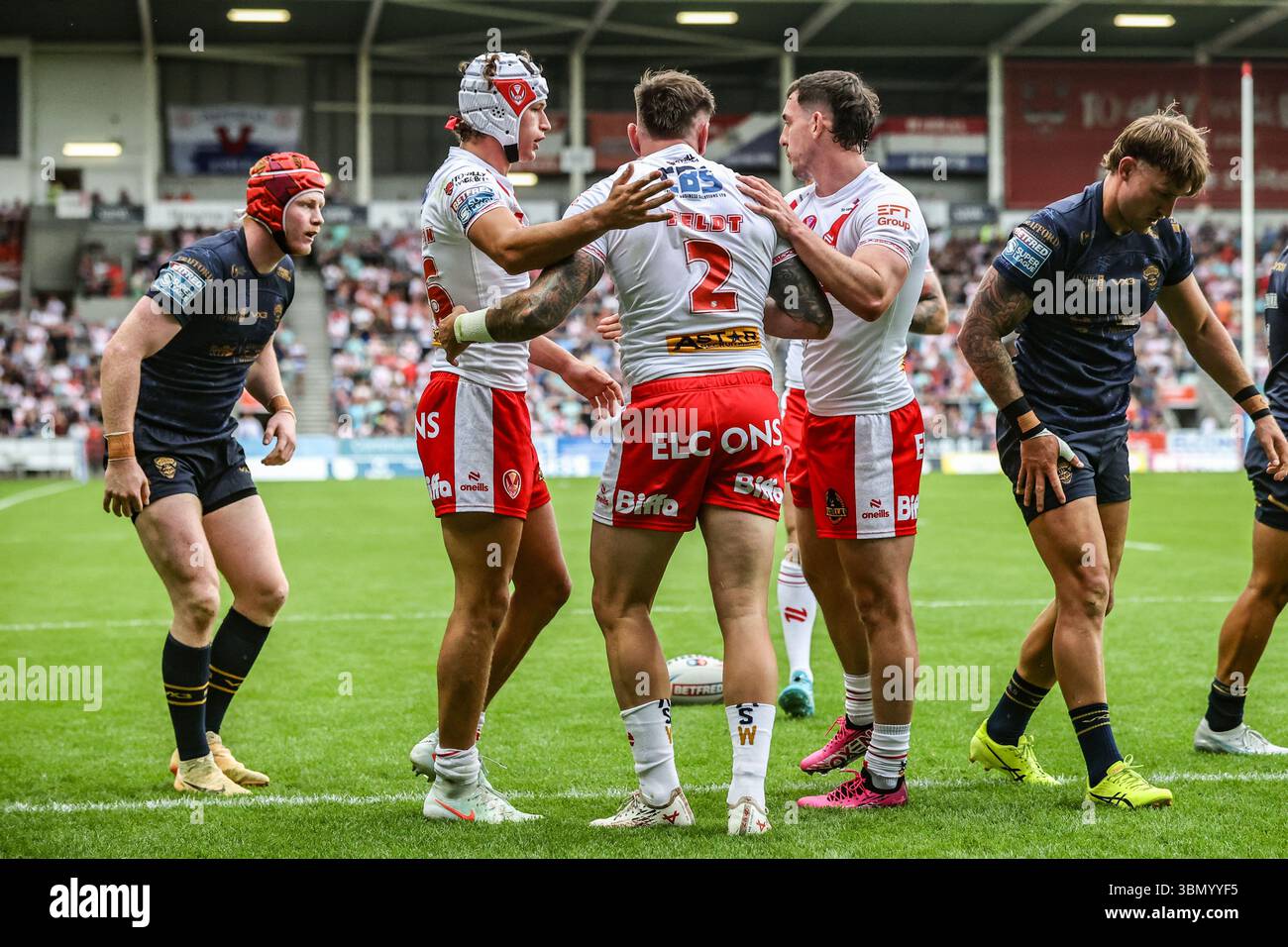 St Helens, UK. 29th June, 2025. Kyle Feldt of St. Helens celebrates his ...