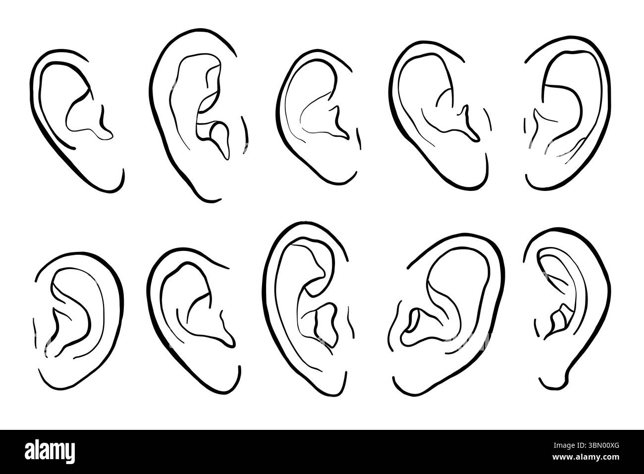Hand drawn human ears vector illustration icon set black lines. Human ...