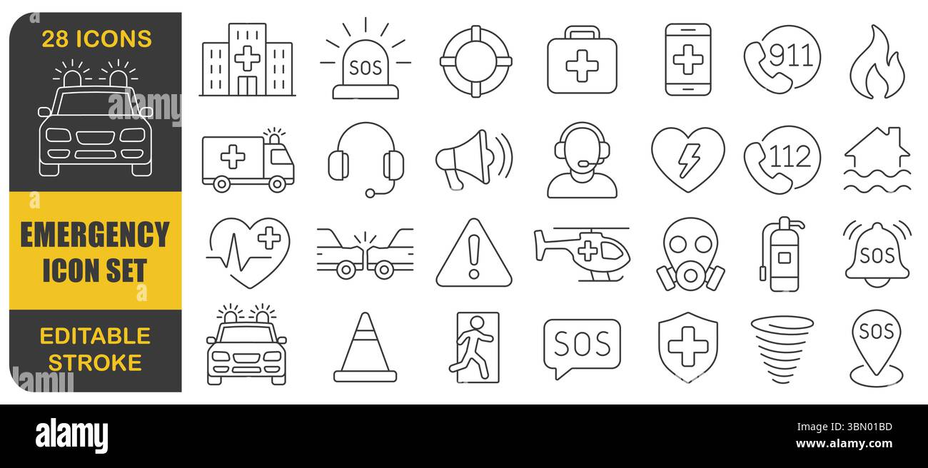 Emergency editable stroke line icon set. Simple minimal thin Emergency ...