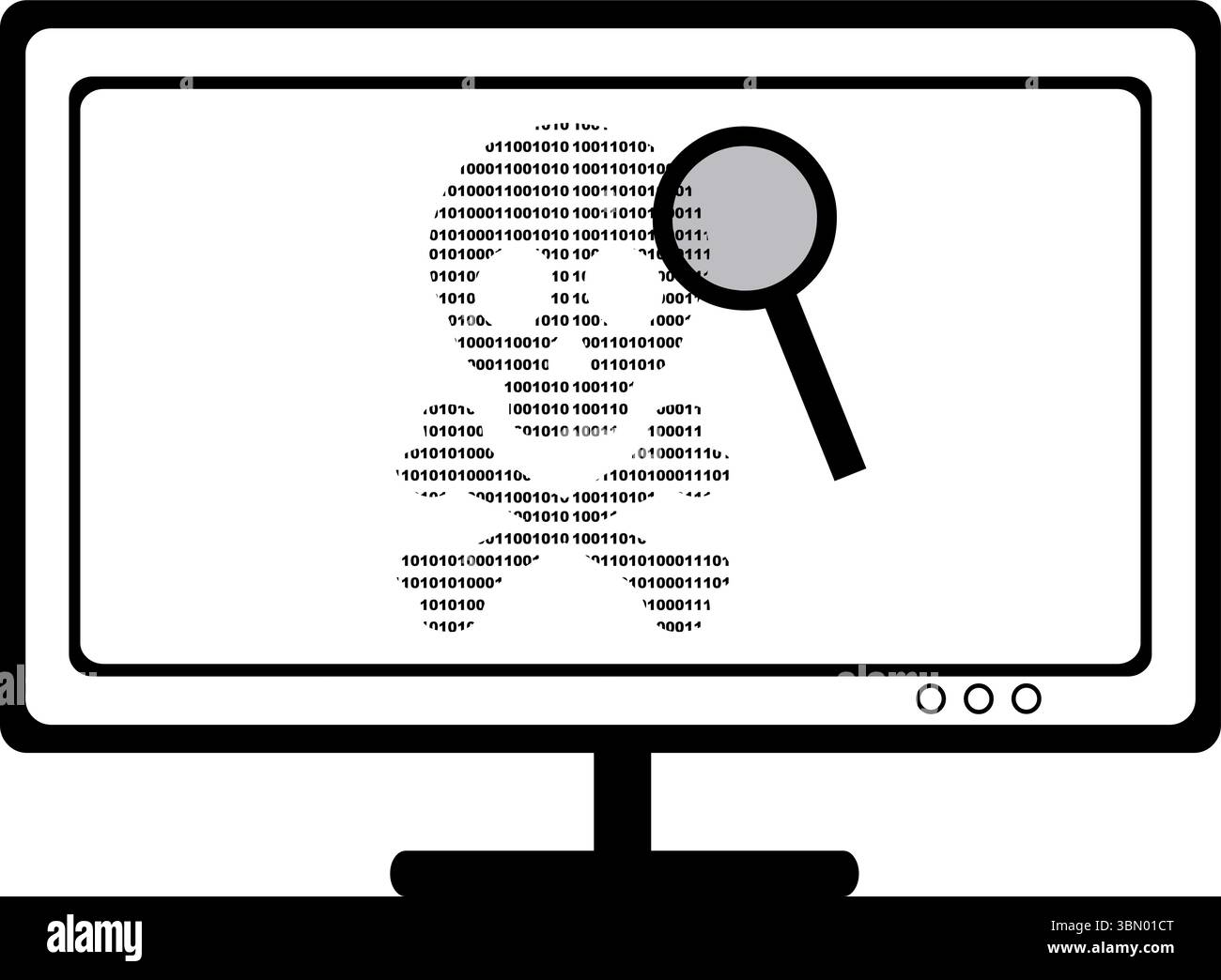 vector illustration black and white icon of magnifying glass object, computer monitor and skull ...