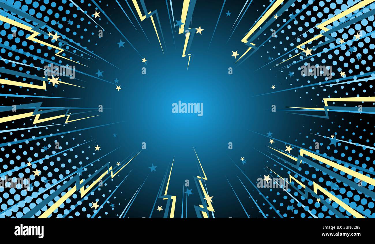 A template for cartoon comics. Blue rays with comic book lightning on a ...