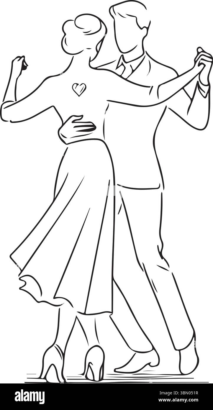 Elegant Couple Dancing in Line Art Style with Romantic Heart Detail ...