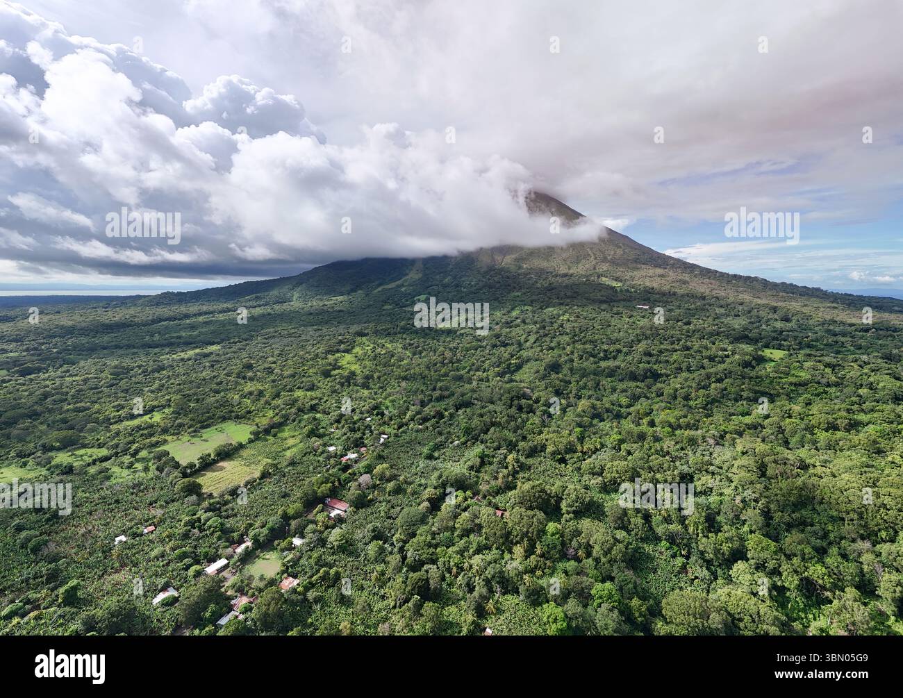 Concepcion volcano on Ometepe island green valley panorama aerial drone ...