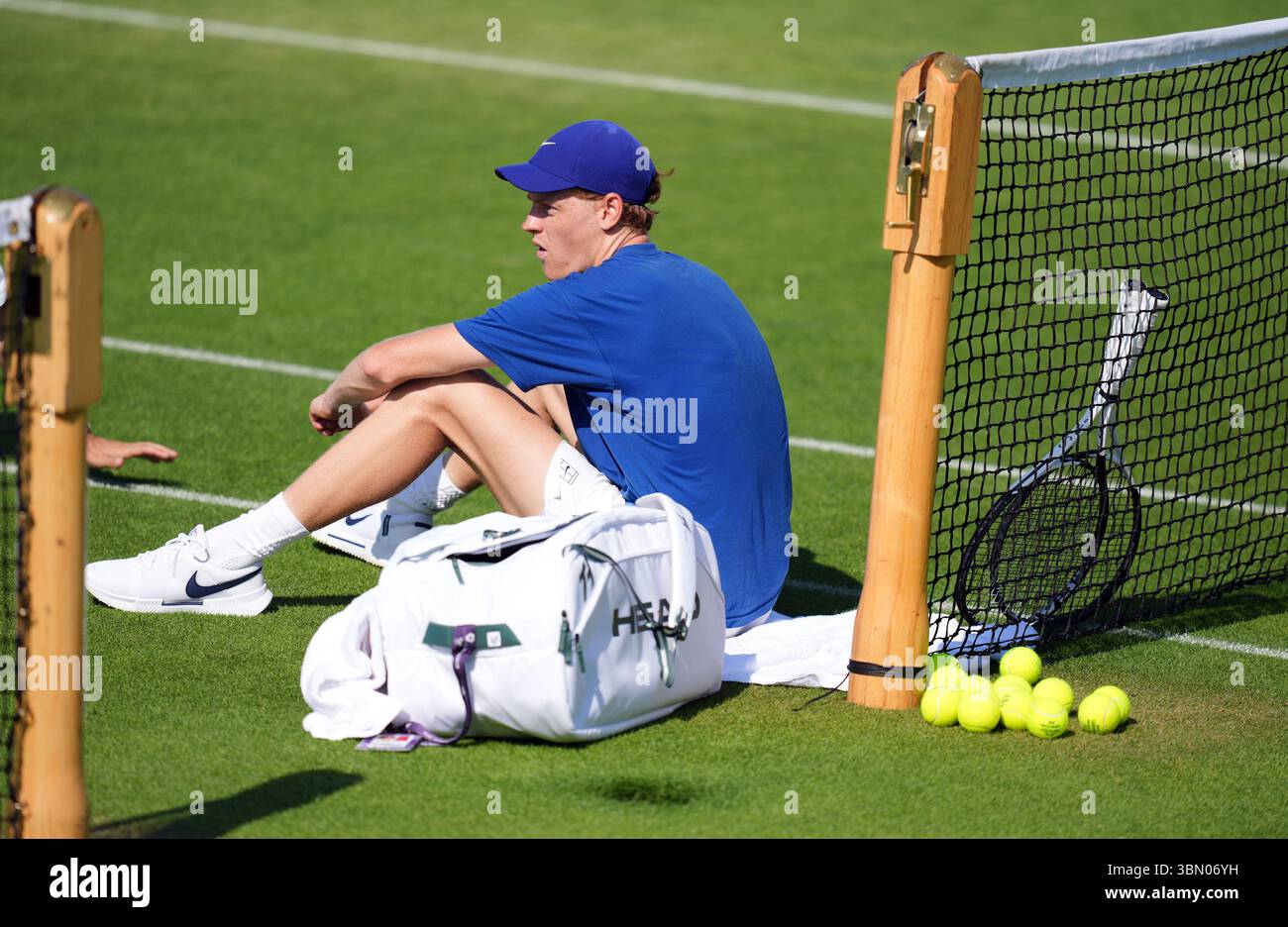 Jannik Sinner during a practice session at the All England Lawn Tennis and Croquet Club in ...