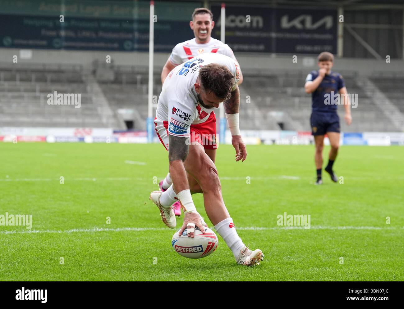 St Helen's Kyle Feldt scores their eleventh try during the Betfred ...