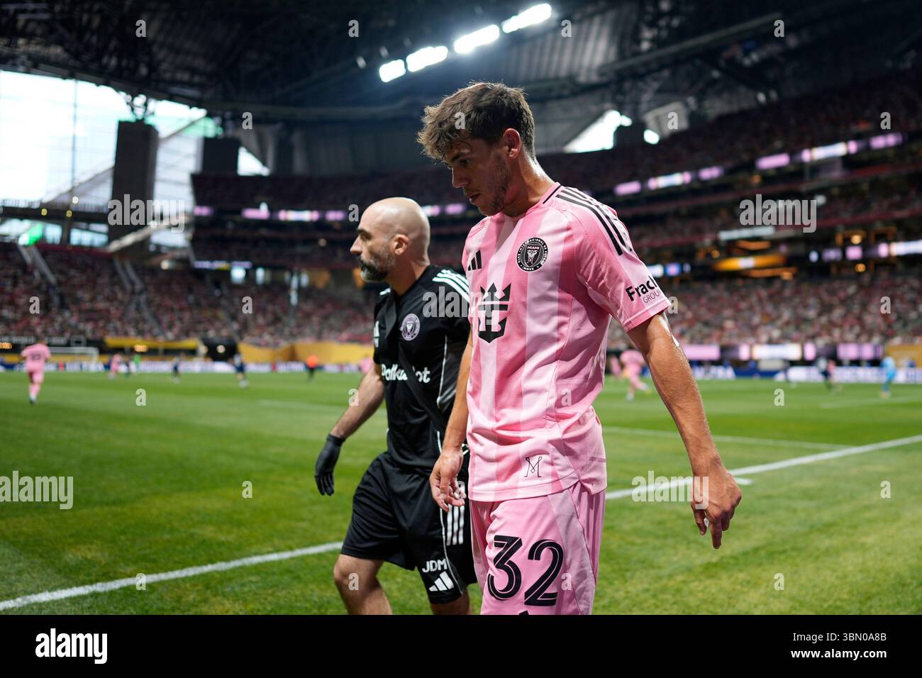 Inter Miami's Noah Allen leaves the pitch after an injury during the ...