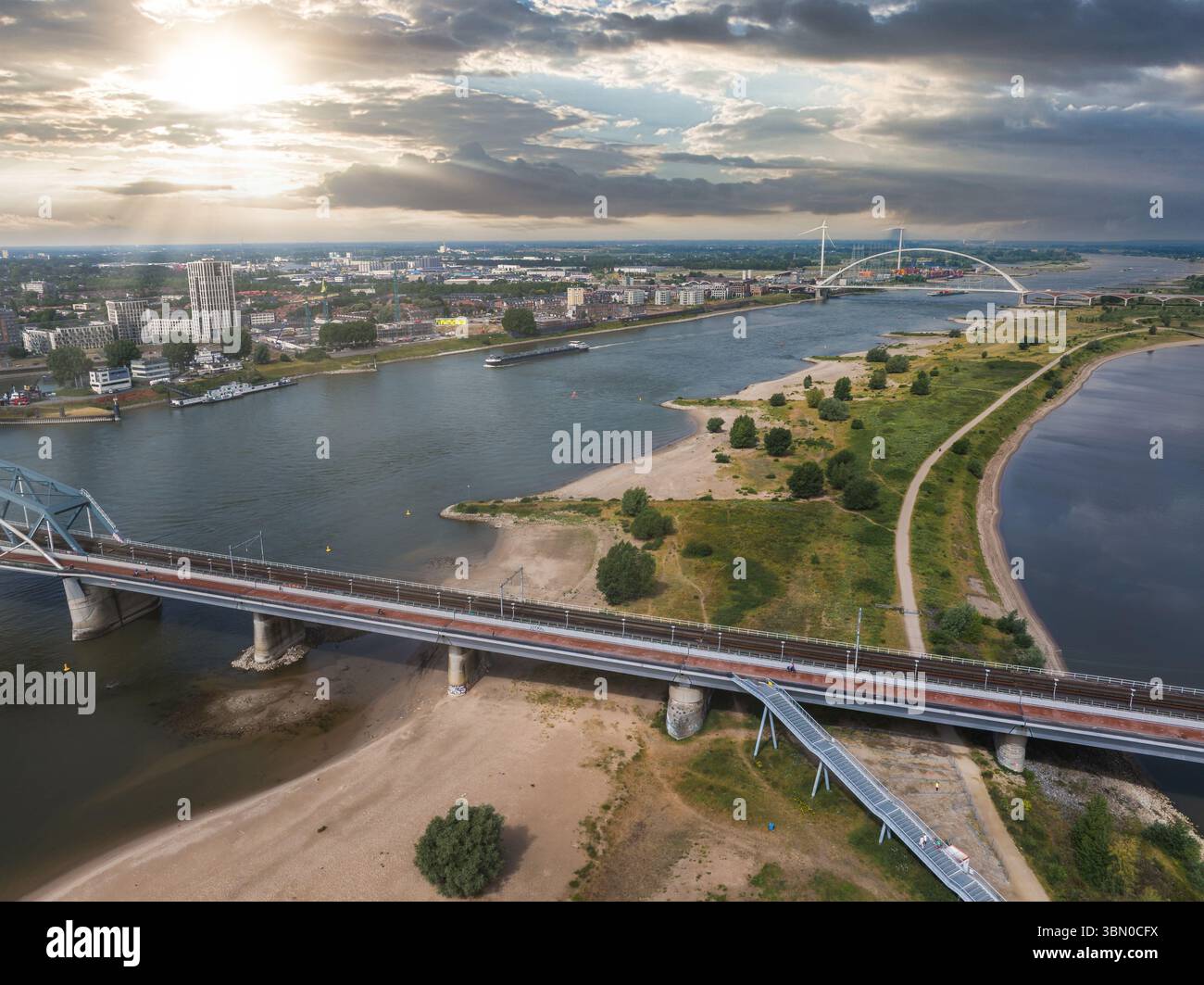 Aerial View of Nijmegen with Waal River and De Oversteek Bridge Stock ...