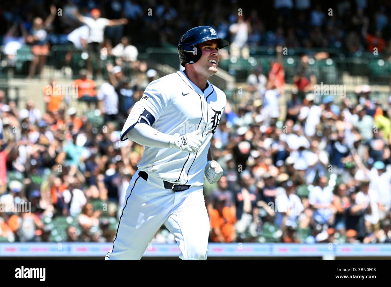 Detroit Tigers' Kerry Carpenter reacts after hitting a home run during ...