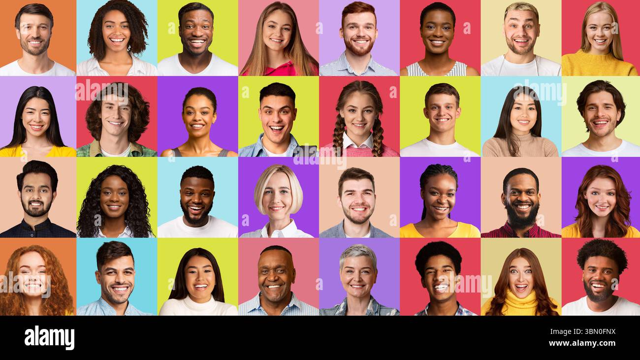 Multiple Portraits Of Multiethnic People In Collage Over Colorful ...
