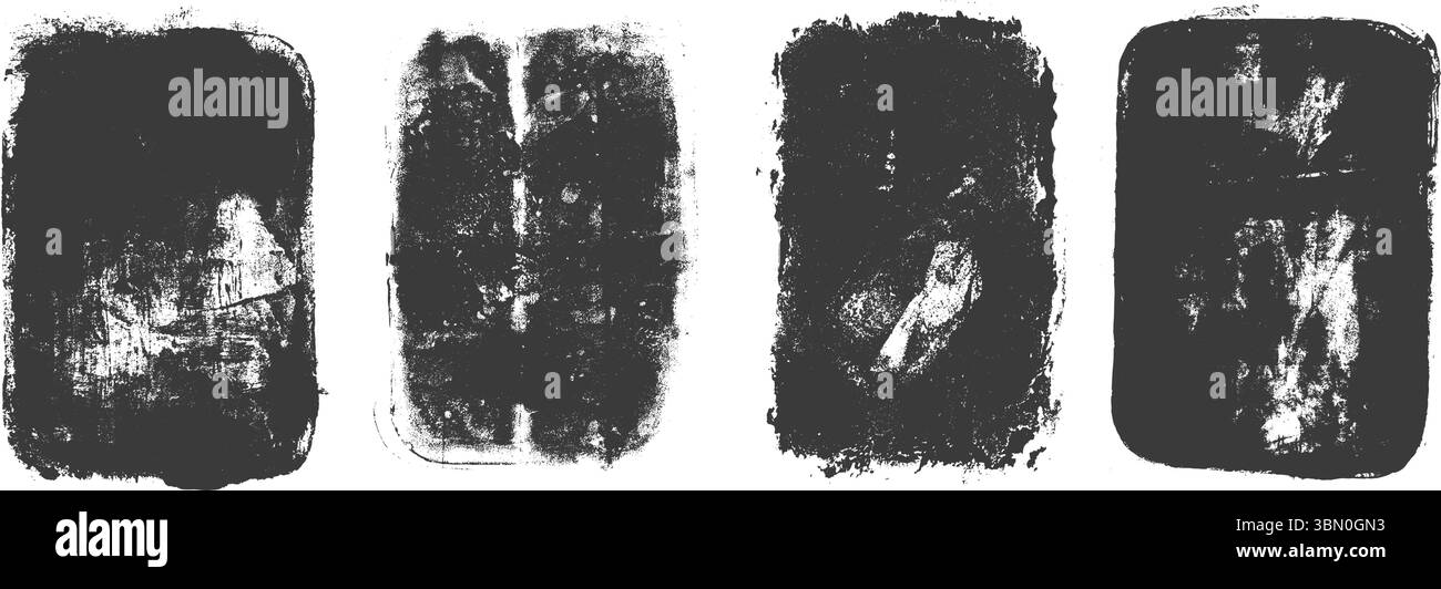 Black grunge text boxes set. Callouts rectangles frames. Linocut rolled ...