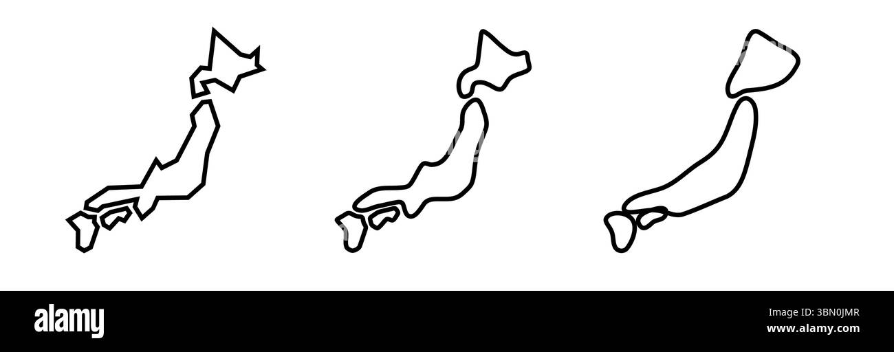 Japan country black outline silhouettes in three different levels of ...