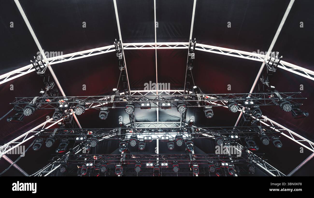 Professional stage lighting rig installed under a black canopy with ...