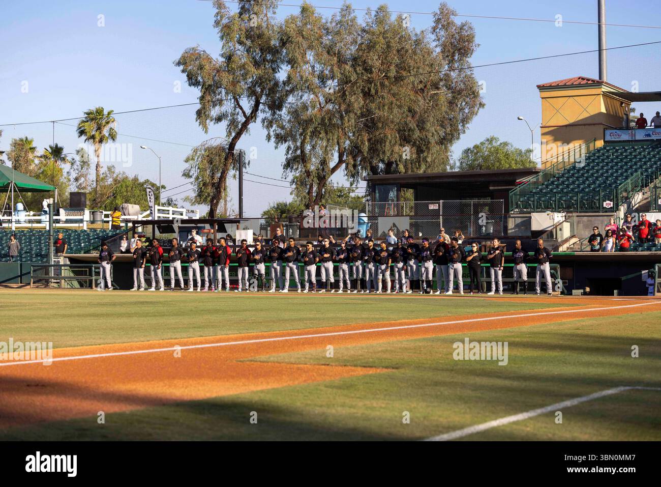 June 28, 2025: Members of the Visalia Rawhide stand during the national ...