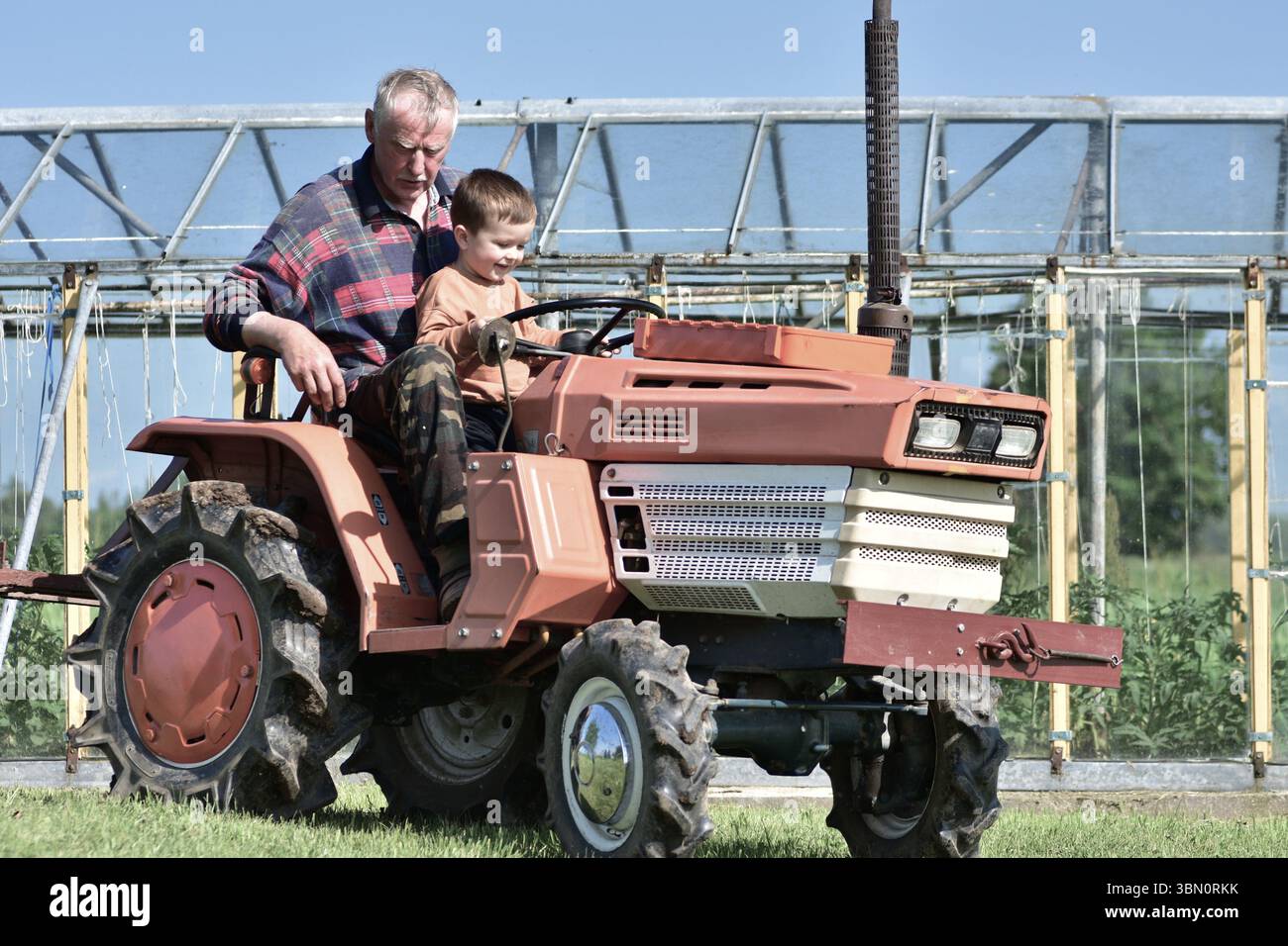 Grandfather and grandson riding a small orange tractor together in the ...