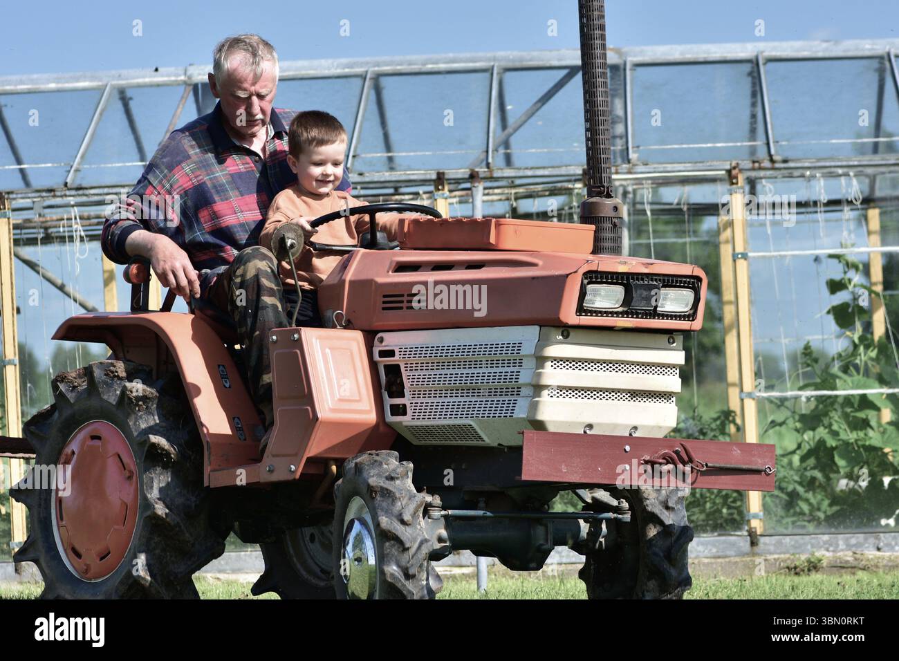 Grandfather and grandson riding a small orange tractor together in the ...