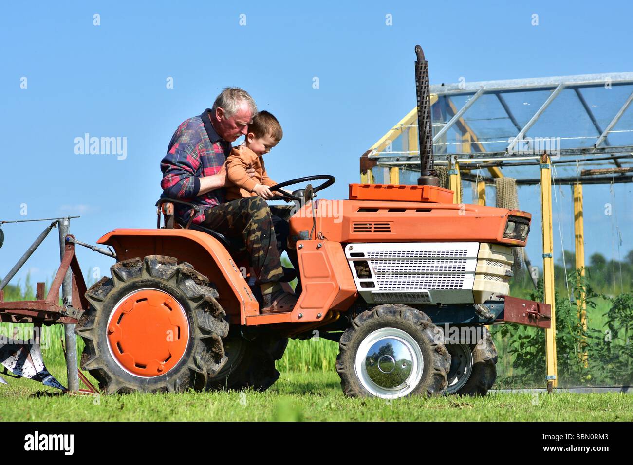 Grandfather and grandson riding a small orange tractor together in the ...