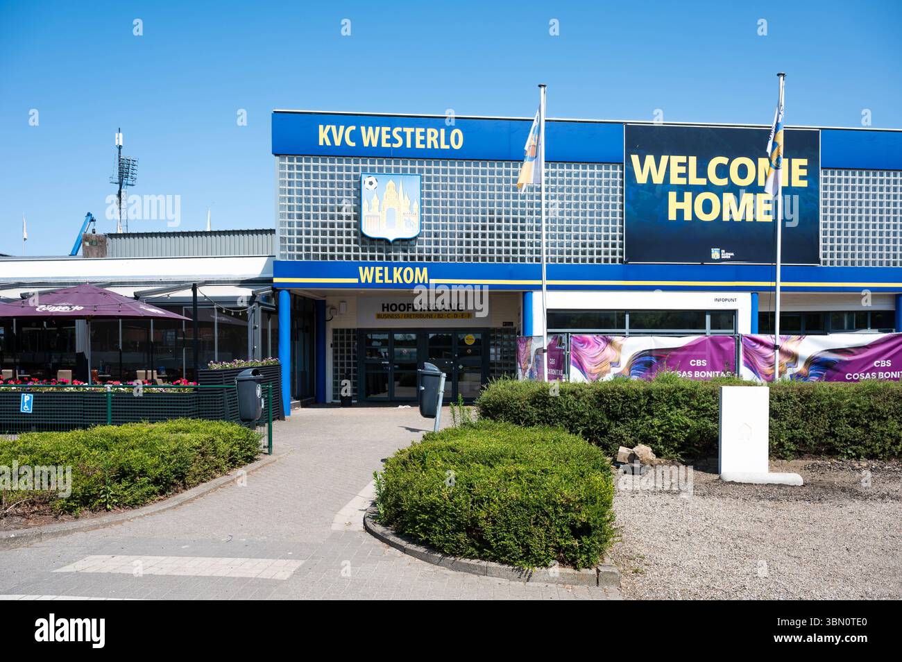Sign and logo at the stadium of the soccer team of KVC Westerlo ...