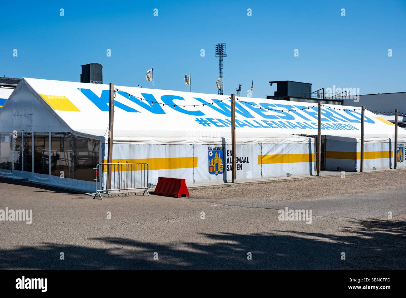 Sign and logo at the stadium of the soccer team of KVC Westerlo ...