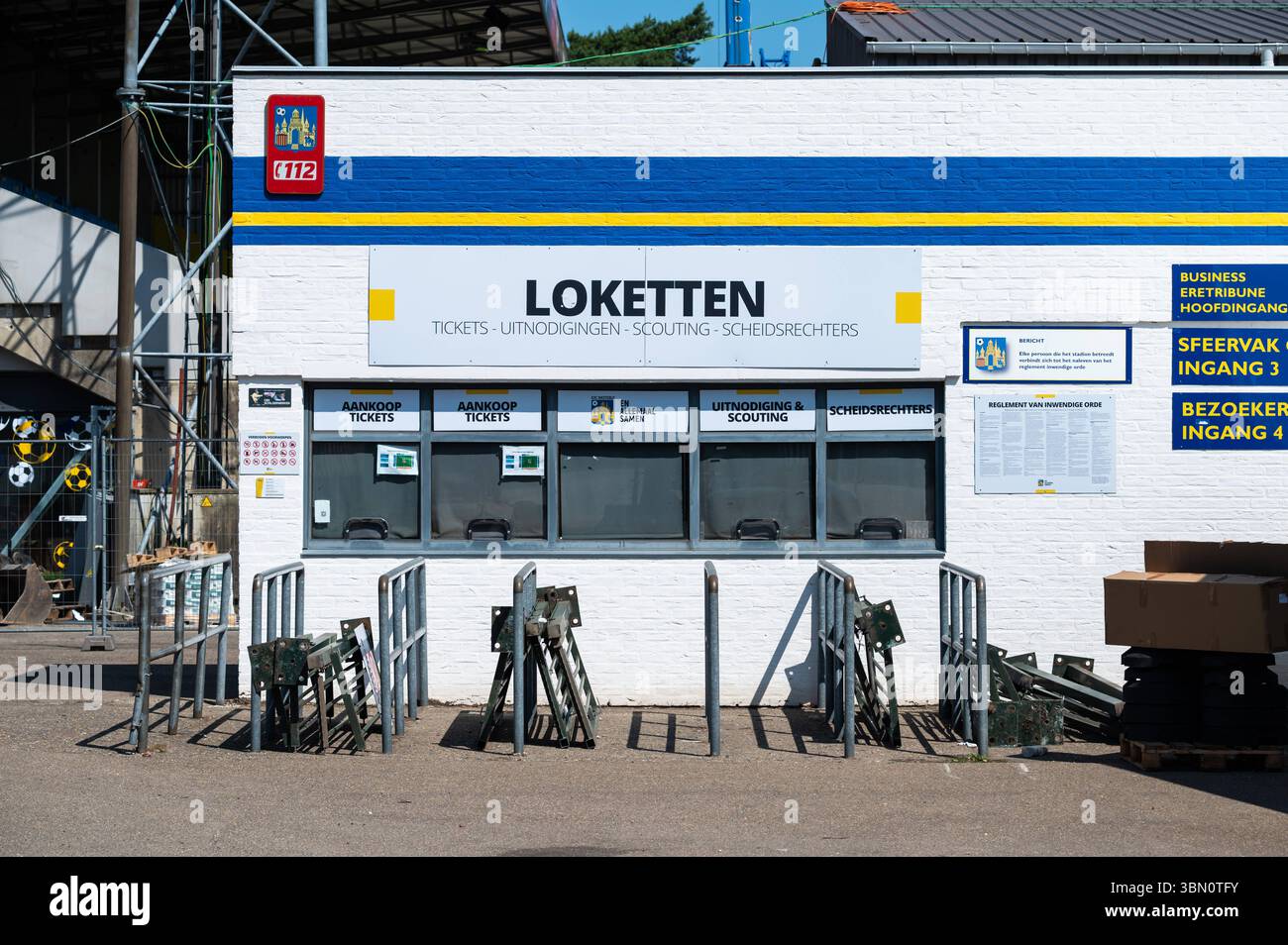 Sign and logo at the stadium of the soccer team of KVC Westerlo ...