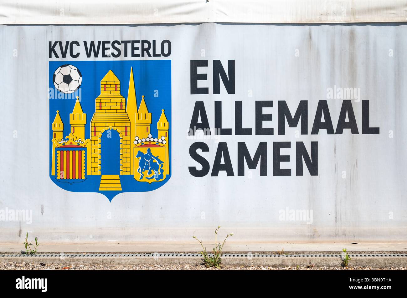 Sign and logo at the stadium of the soccer team of KVC Westerlo ...